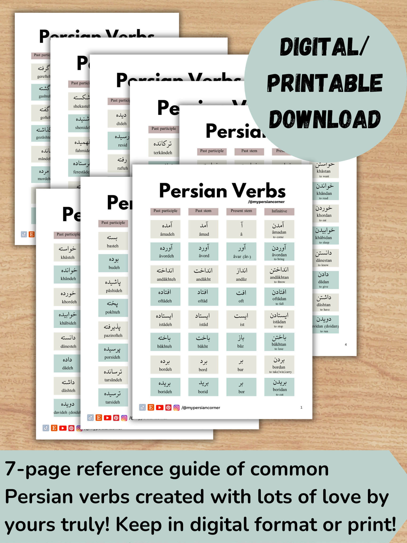 Persian Farsi Verb List Digital Download Reference Verb Conjugation ...