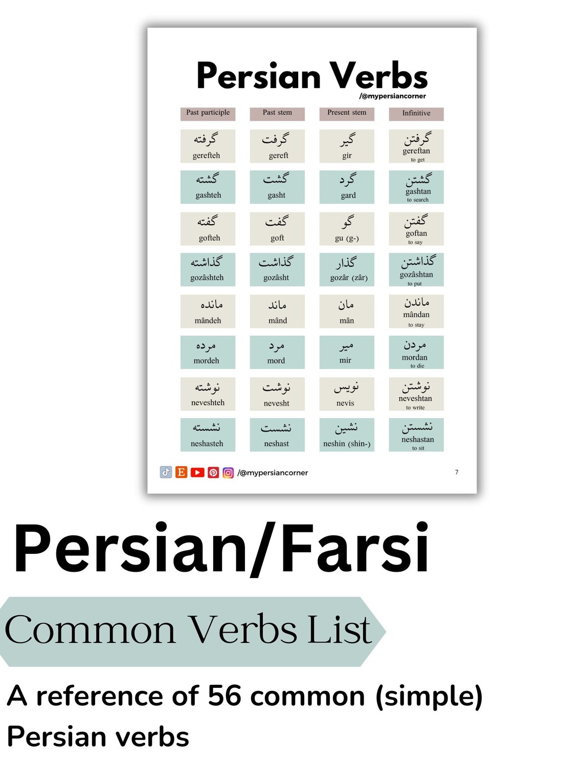 Persian Farsi Verb List Digital Download Reference Verb Conjugation ...