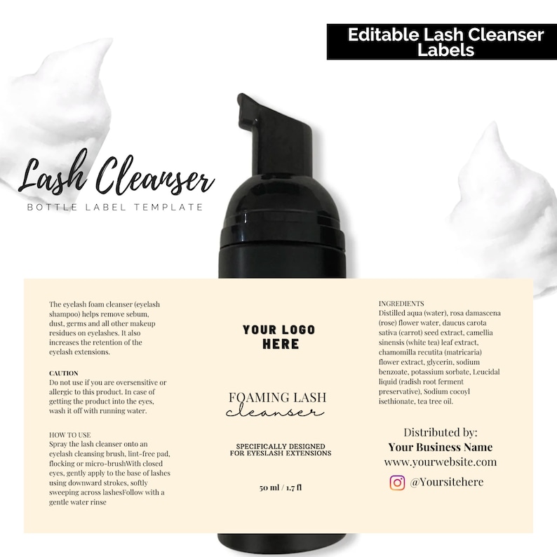 Lash Shampoo Labels, Customizable Lash Bath Label Template, Eyelash ...