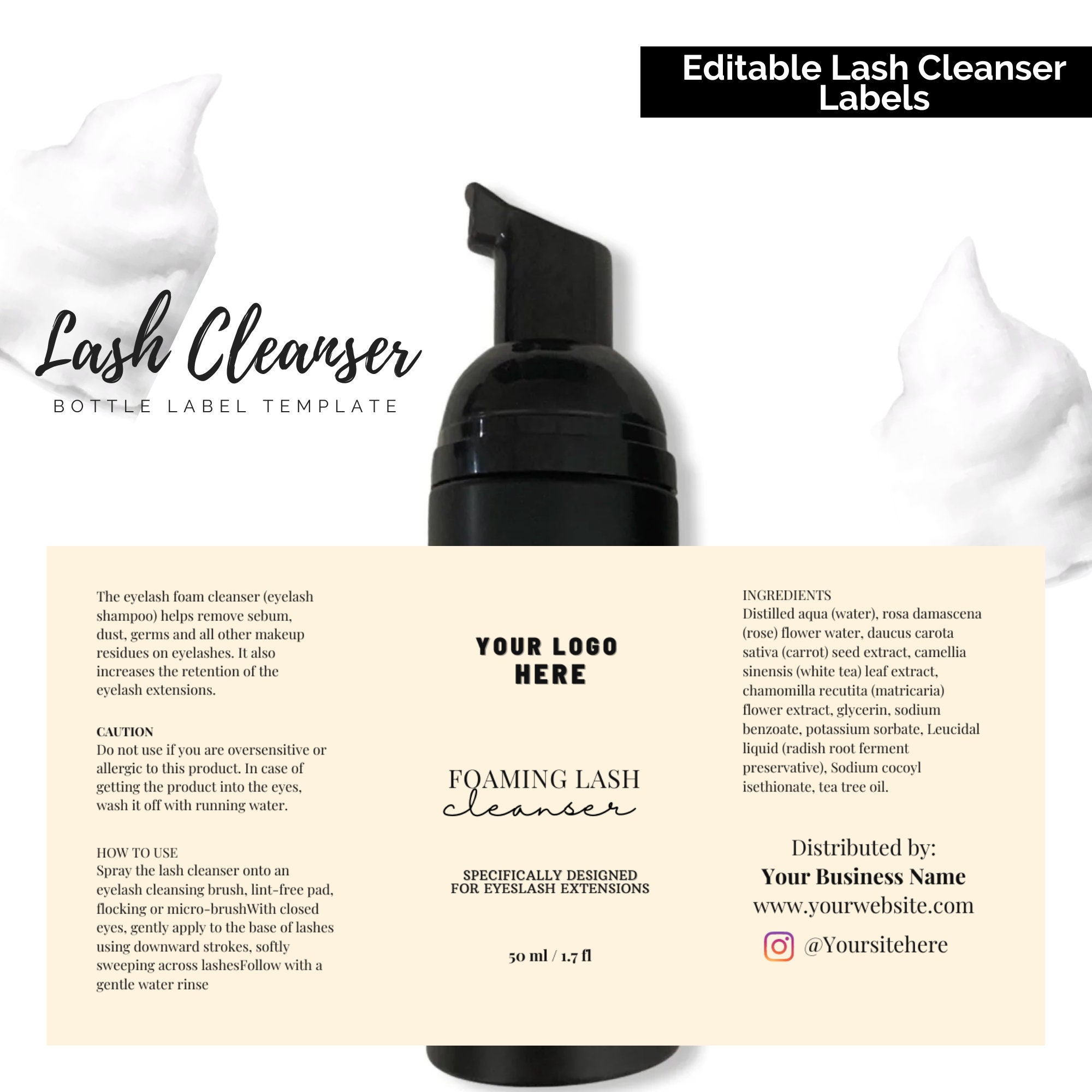 Customizable Lash Shampoo Label Template, Eyelash Foam Cleanser ...