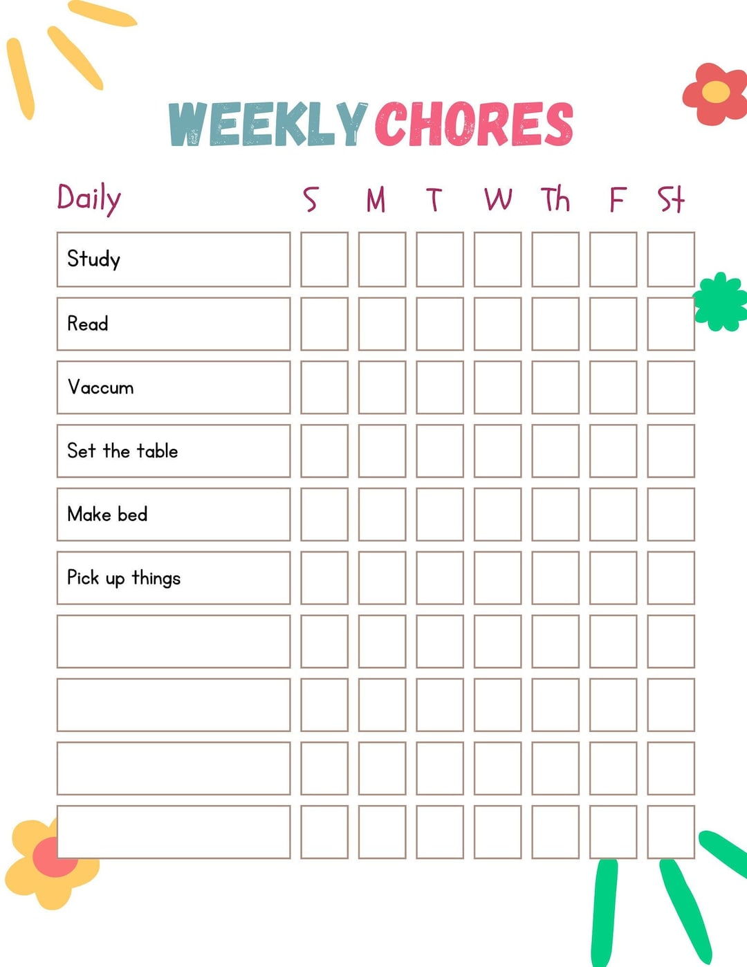 Printable Weekly Chore Chart for Kids, Responsibility Chart, Daily ...