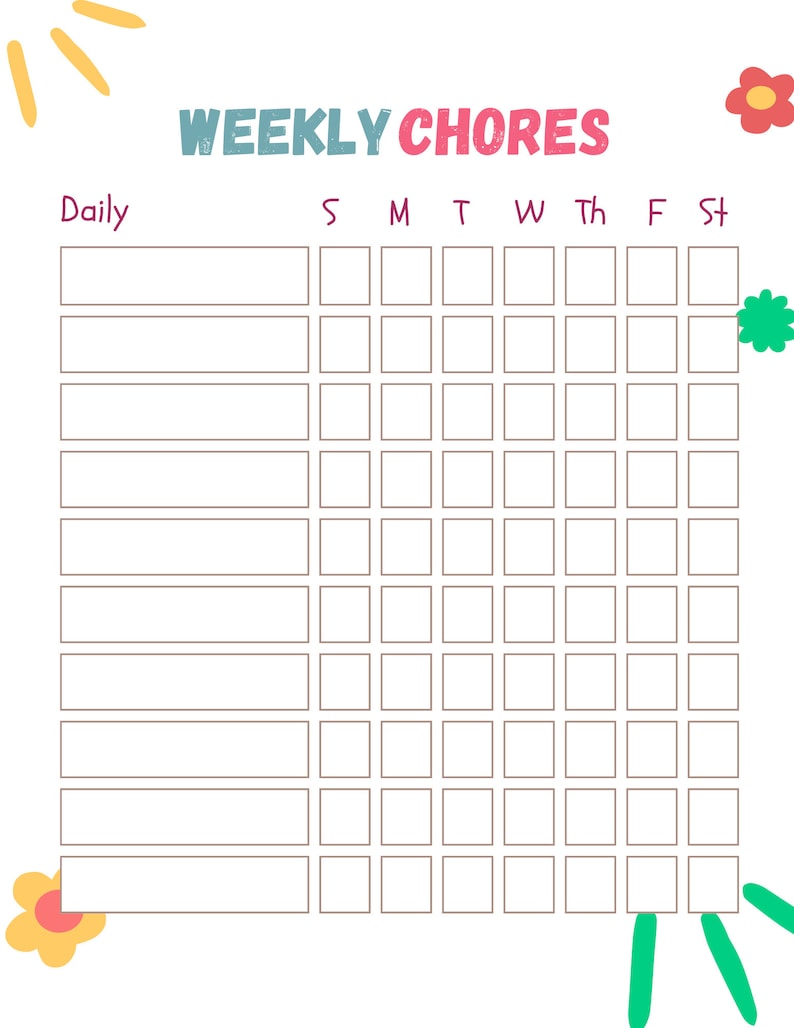 Printable Weekly Chore Chart for Kids, Responsibility Chart, Daily ...