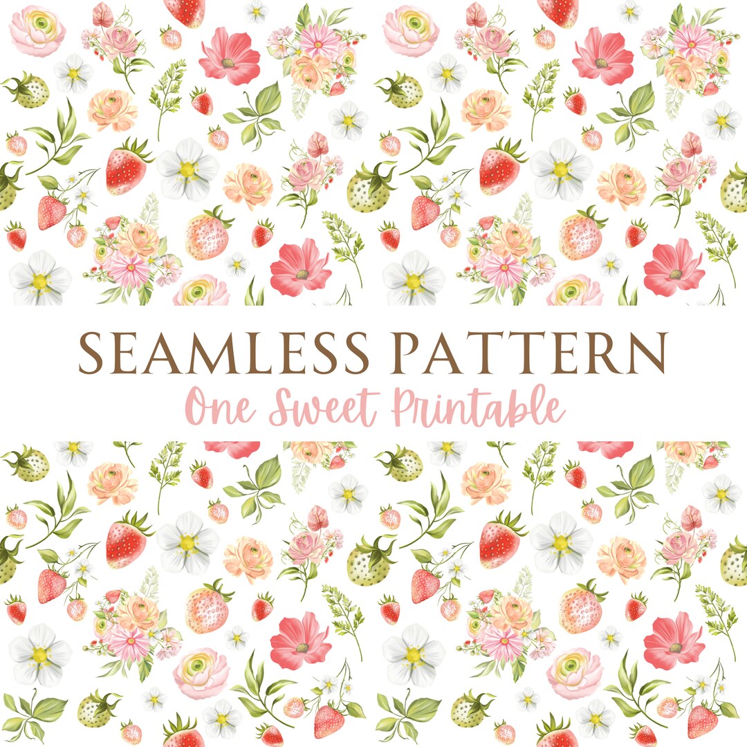 Printable Strawberries and Flowers Seamless Pattern Design File for ...