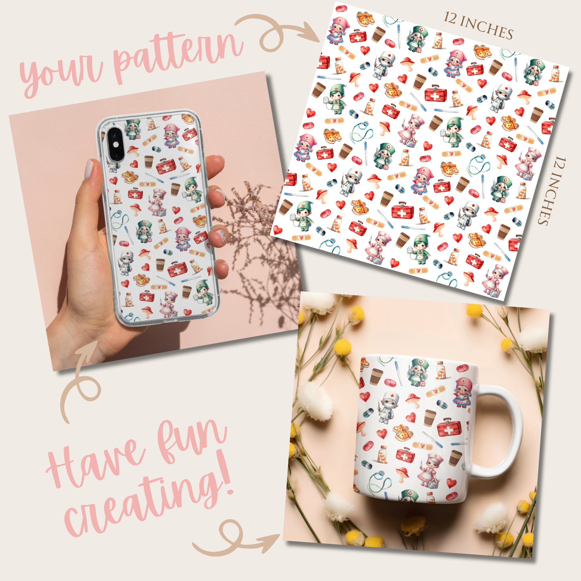 Printable Nurse Doctor Gnome Seamless Pattern Design File Sublimation ...