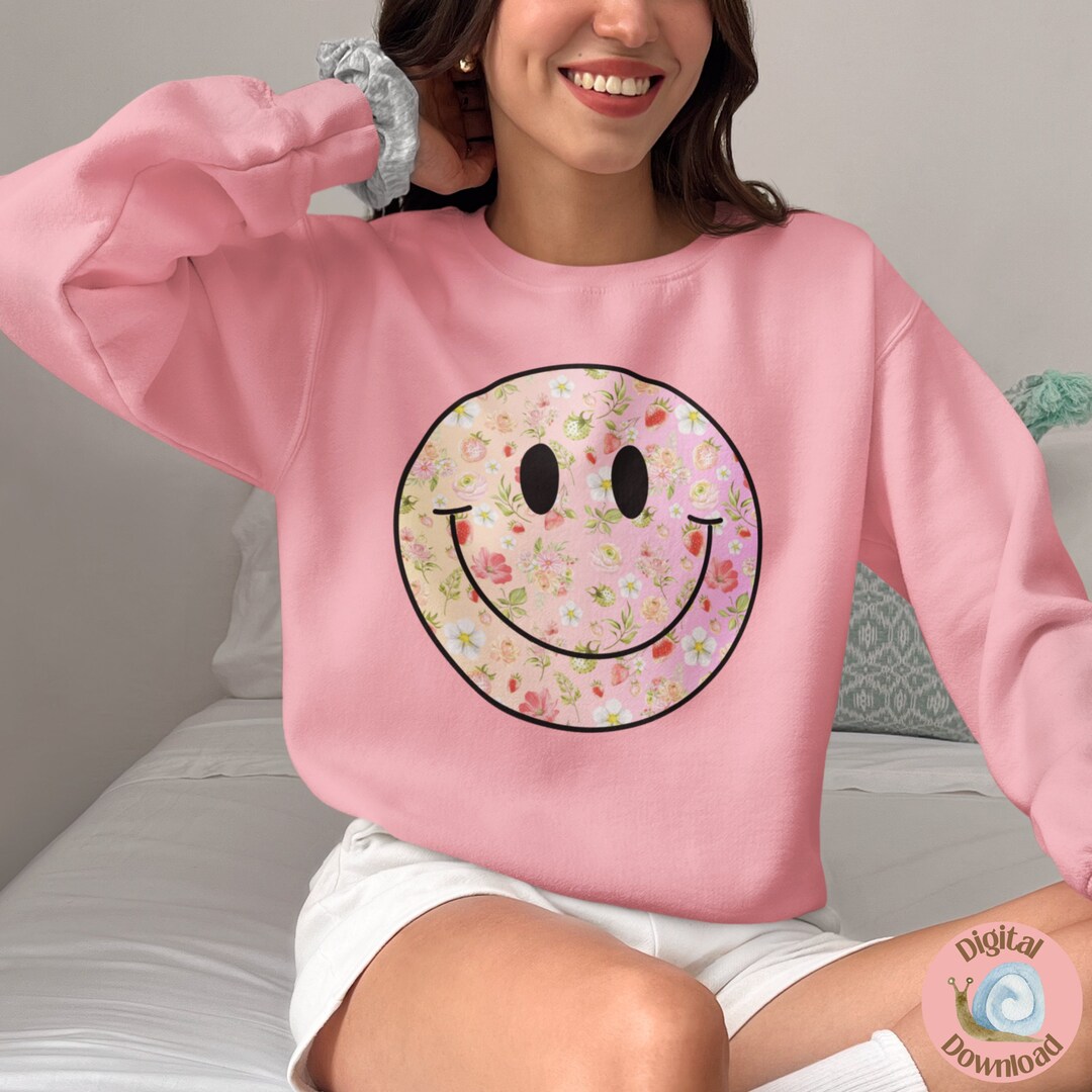 Printable Smiley Face PNG, Strawberry & Flowers Retro Smiley Face ...