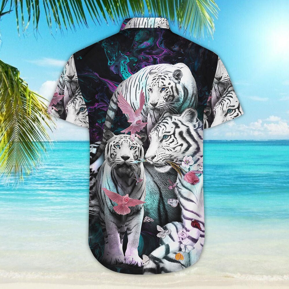 Tiger Hawaiian Shirt - White Tigers With Pink Birds Hawaii Shirt Animal ...