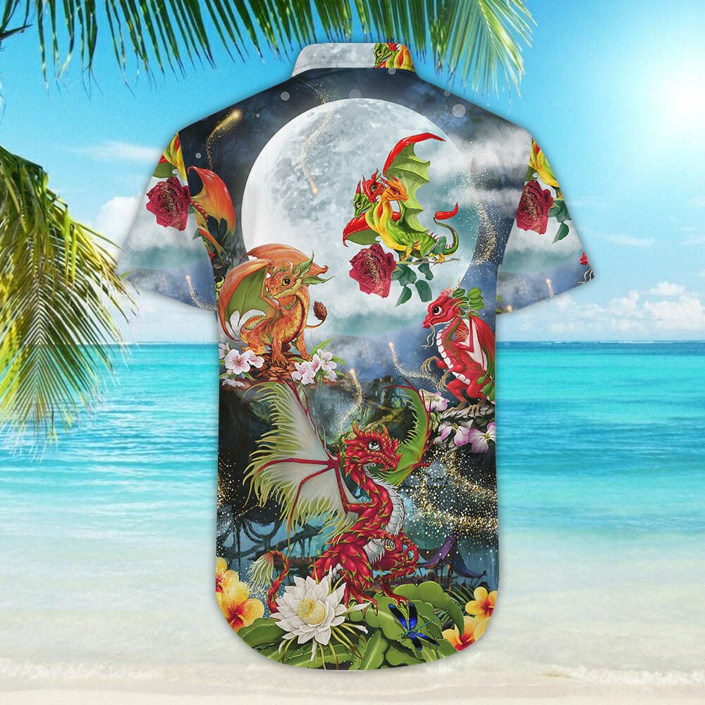 Dragon Button Down Shirt - Dragons Art With Moon And Flower Button Down ...