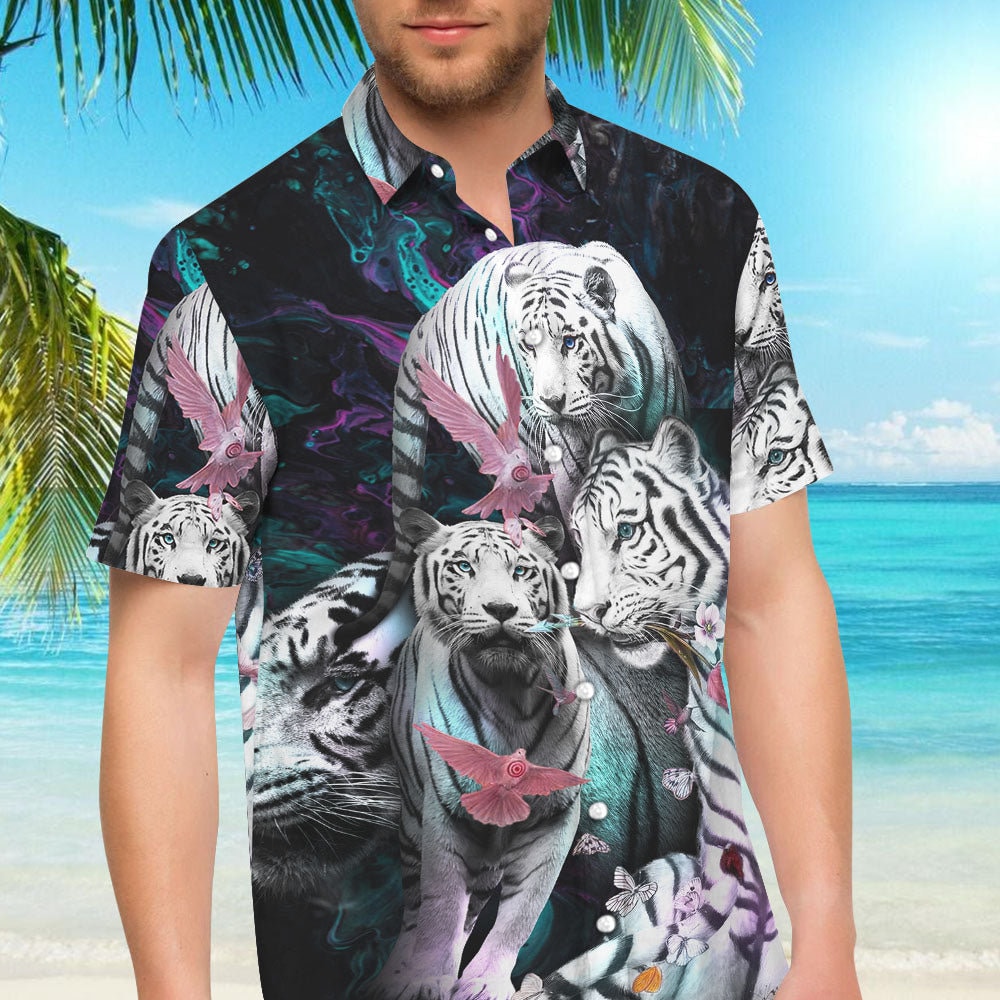 Tiger Hawaiian Shirt - White Tigers With Pink Birds Hawaii Shirt Animal ...