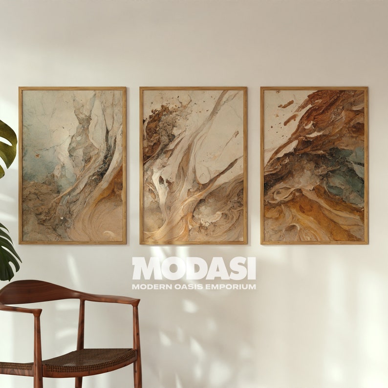 Earth Tone Terracotta Abstract Triptych Large Minimalist Print Set of 3 Wall Art for Modern Boho ...