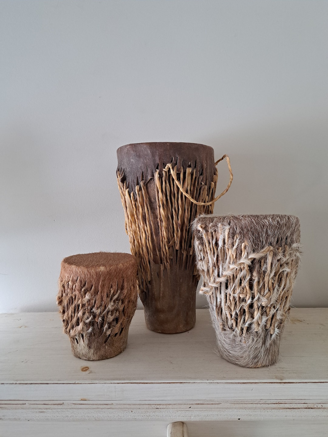 Set of Three African Tribe Tam-tams in Real Vintage Animal Skin and Fur ...