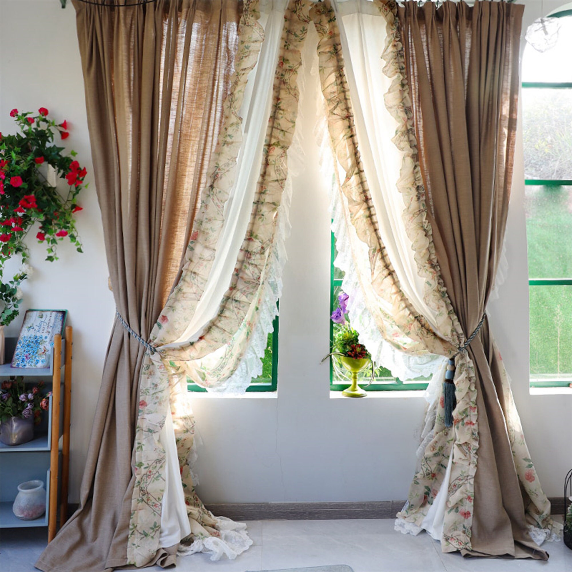 Ruffled Curtains Floral Brown Curtains Farmhouse Style Shabby - Etsy