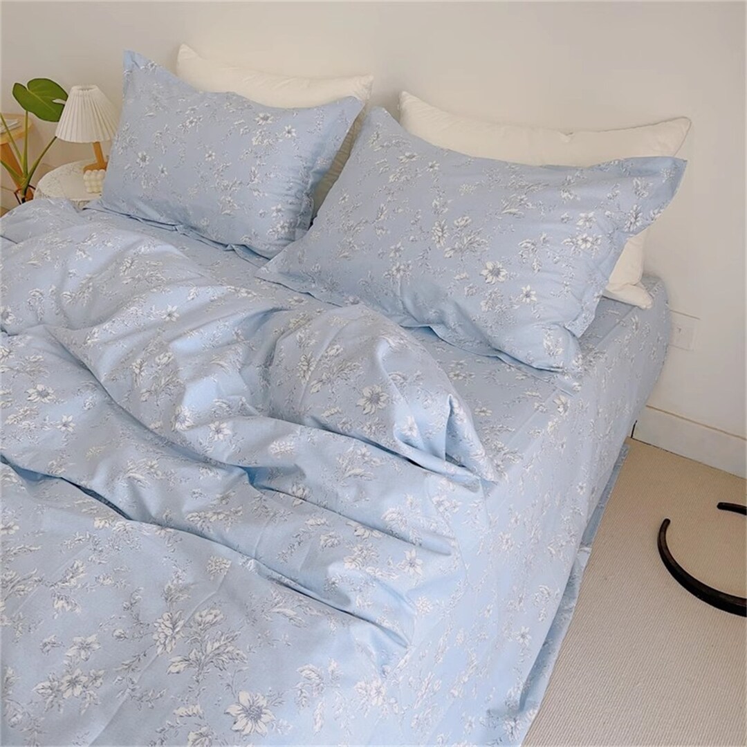 Blue Floral Duvet Cover Handmade Bedding Set Skin-friendly 100% Cotton ...