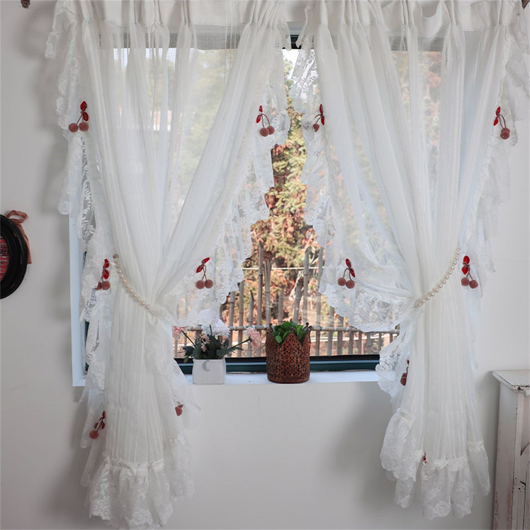 Red Cherry Ivory Ruffled Curtains Farmhouse Style Shabby Chic - Etsy