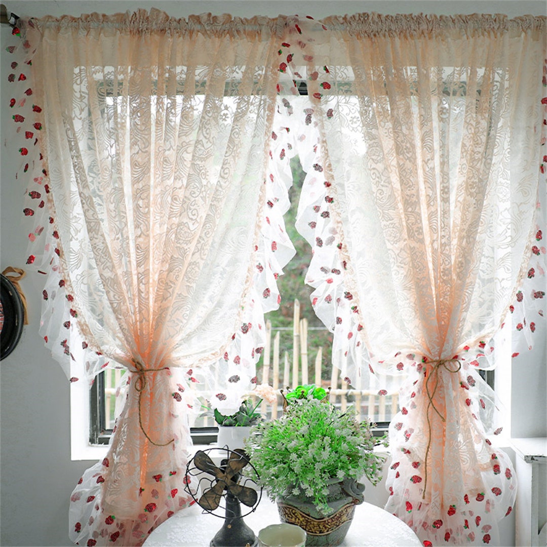Strawberry Sequined Ruffled Curtains Vintage Farmhouse Style Shabby ...