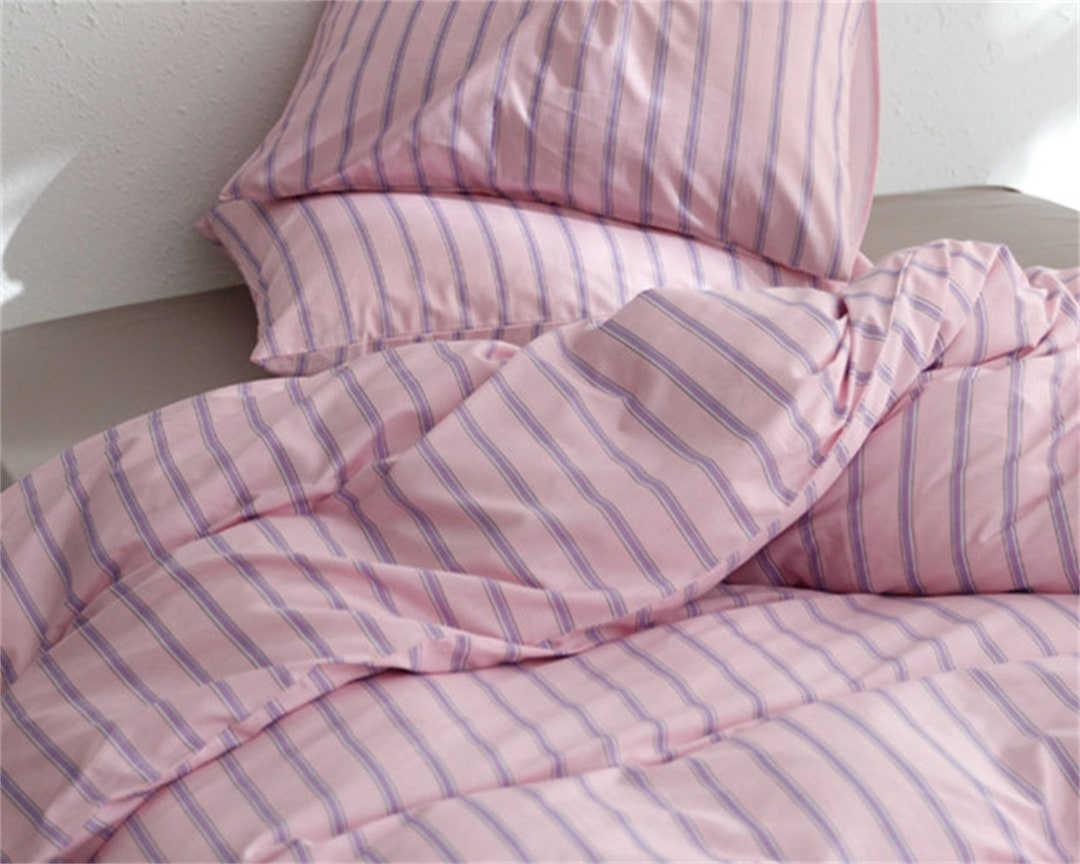 Pink-striped Duvet Cover Handmade Bedding Set Skin-friendly 100% Cotton ...
