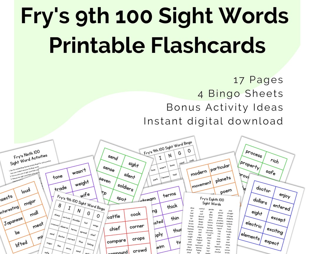Fry's Ninth 100 Sight Words Flash Cards Printable Digital Download ...