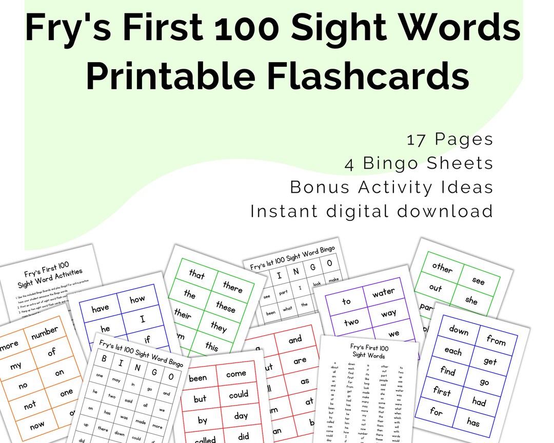 Fry's First 100 Sight Words Flash Cards Printable Digital Download ...