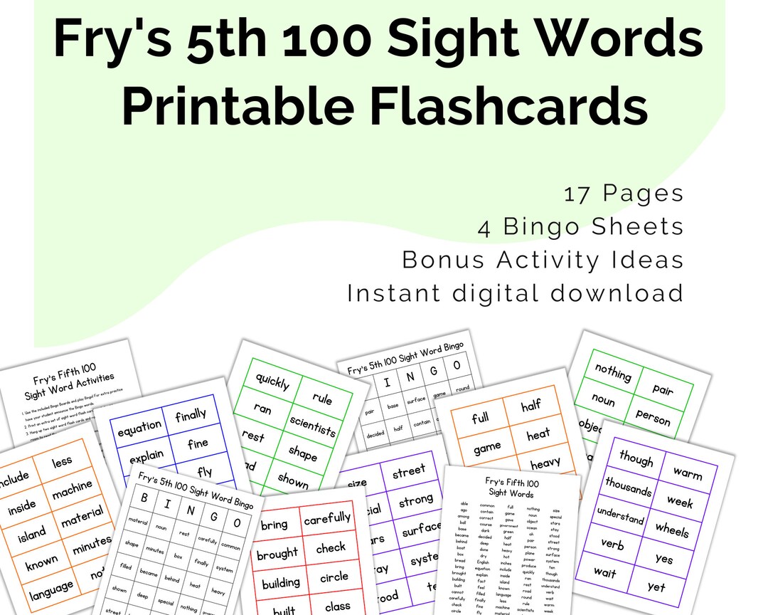 Fry's Fifth 100 Sight Words Flash Cards Printable Digital Download ...