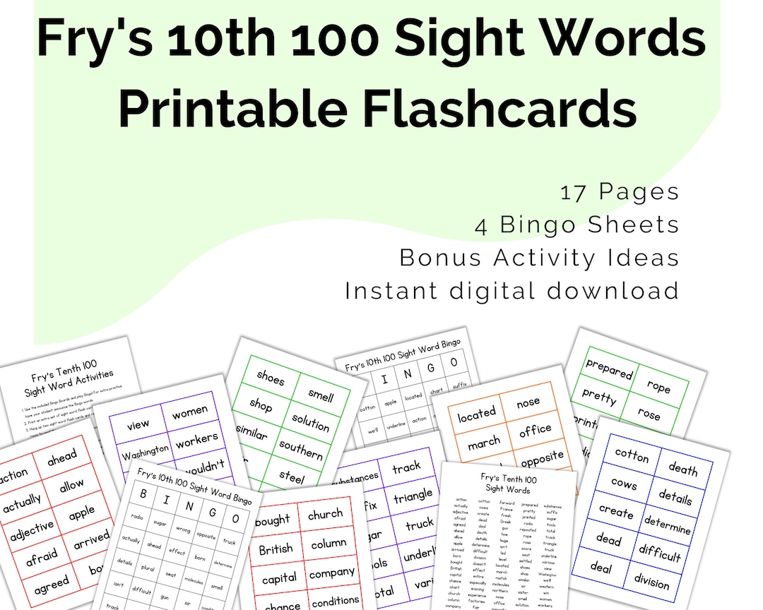 Fry's Tenth 100 Sight Words Flash Cards Printable Digital Download ...