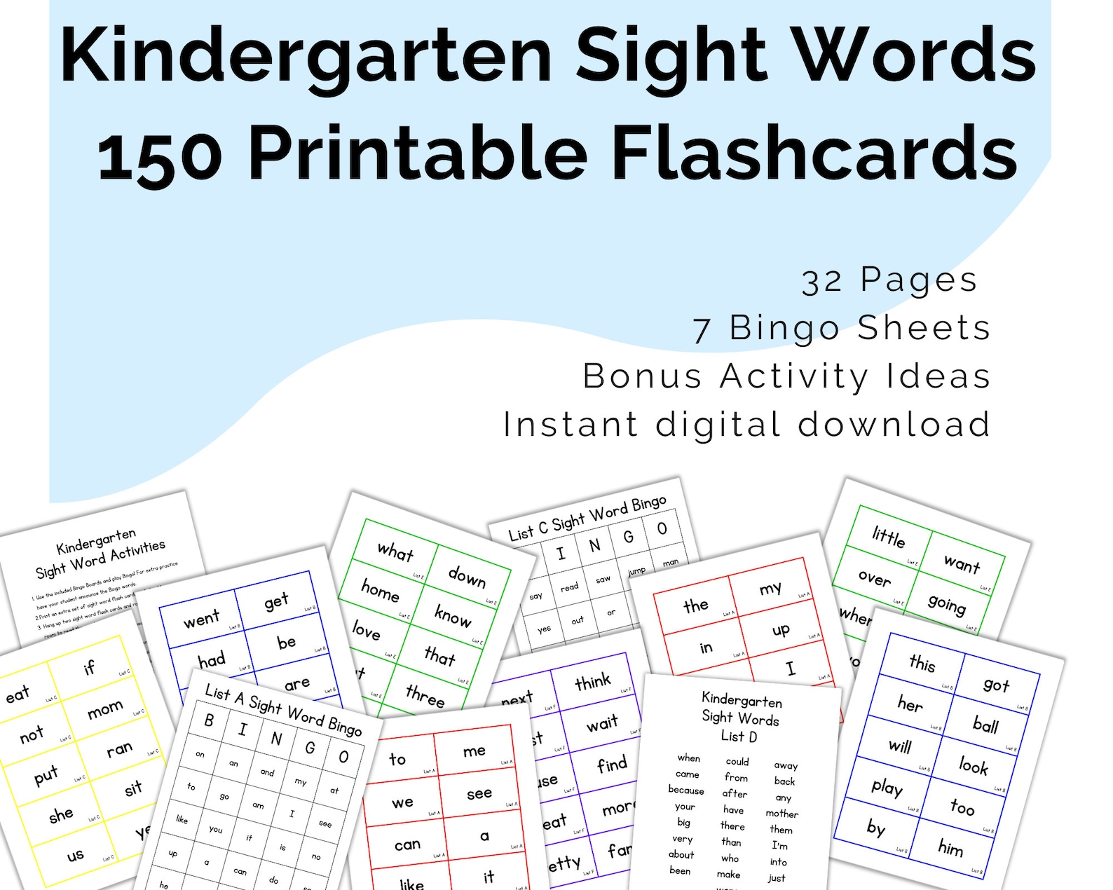 Kindergarten Sight Words Flash Cards Printable Digital Download ...