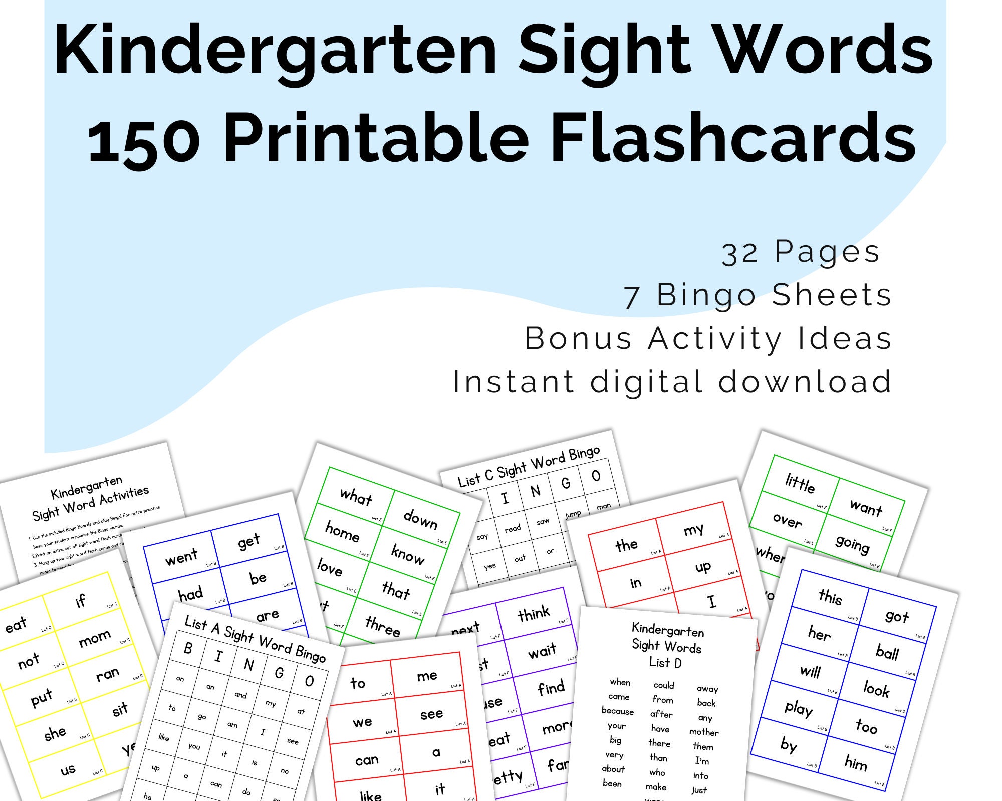 Kindergarten Sight Words Flash Cards Printable Digital Download ...