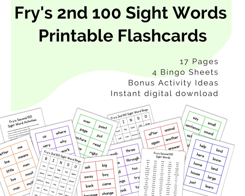 Fry's Second 100 Sight Words Flash Cards Printable Digital Download ...