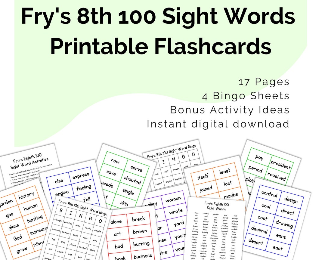 Fry's Eighth 100 Sight Words Flash Cards Printable Digital Download ...