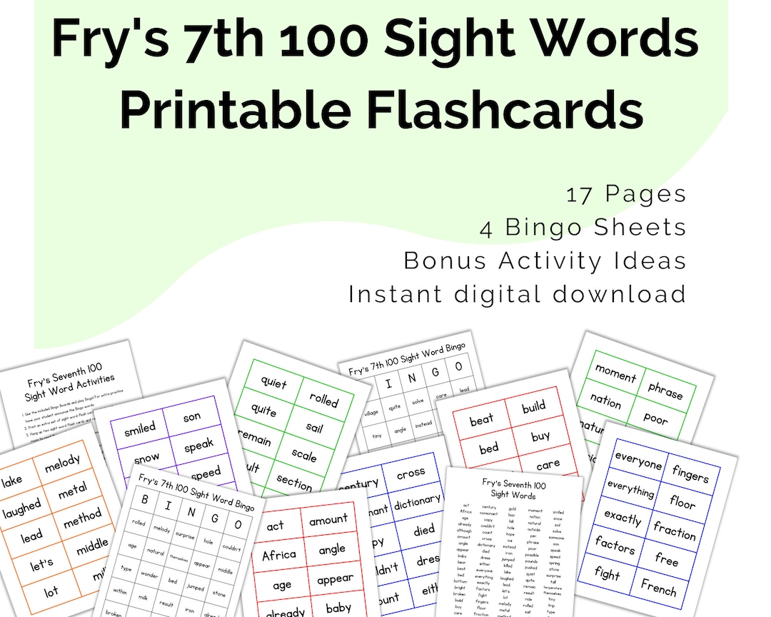 Fry's Seventh 100 Sight Words Flash Cards Printable Digital Download ...
