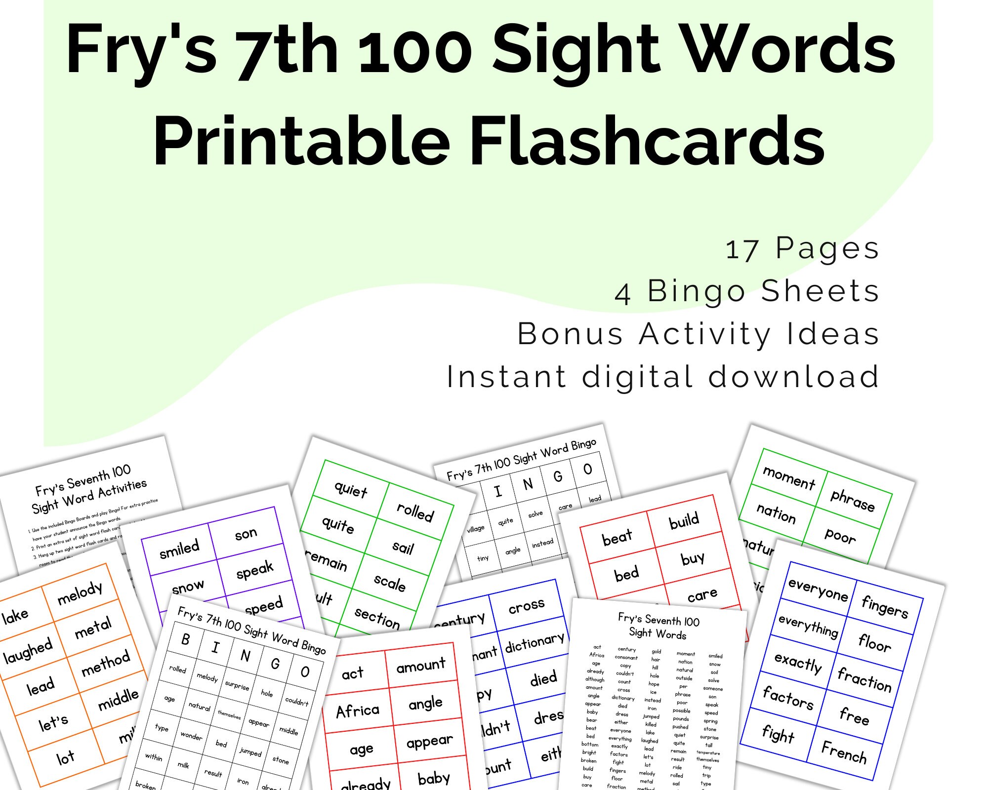 Fry's Seventh 100 Sight Words Flash Cards Printable Digital Download ...