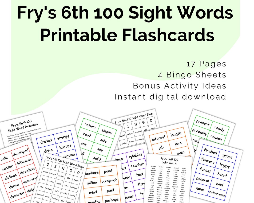 Fry's Sixth 100 Sight Words Flash Cards Printable Digital Download ...