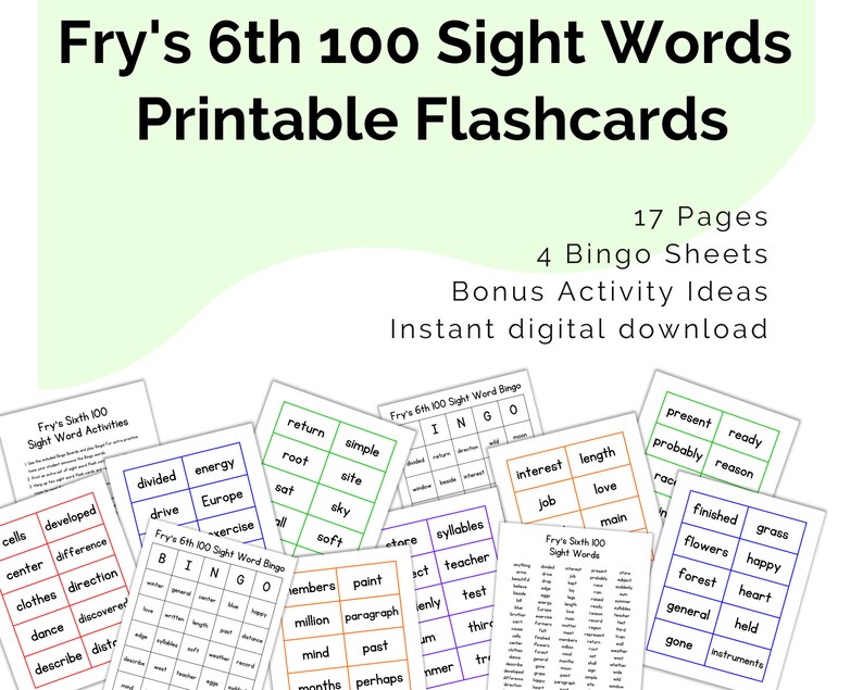Fry's Sixth 100 Sight Words Flash Cards Printable Digital Download ...