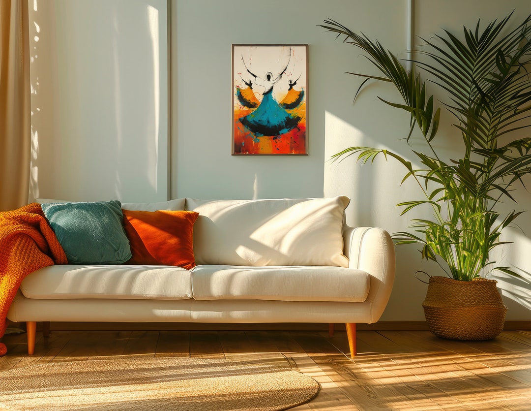 Dynamic Whirling Dervish Painting, Abstract Sufi Dance in Teal, White ...