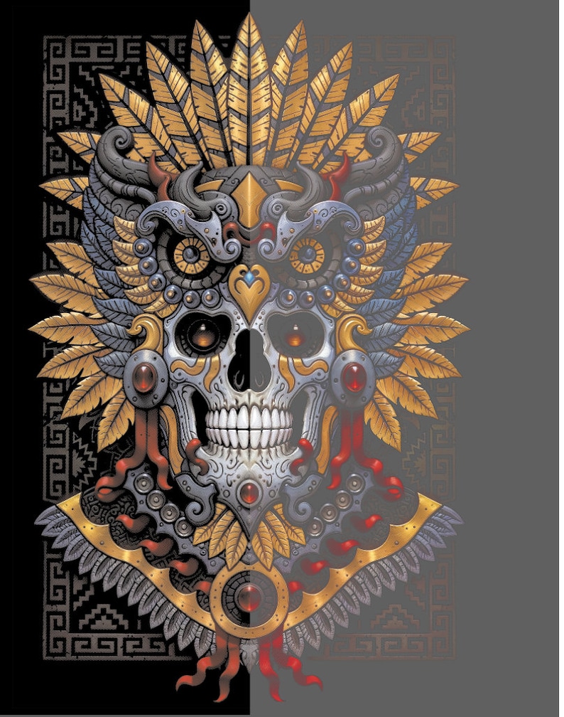 Calaca, Aztec Skull, Calavera Azteca Semitono PNG Para DTF Transparente ...