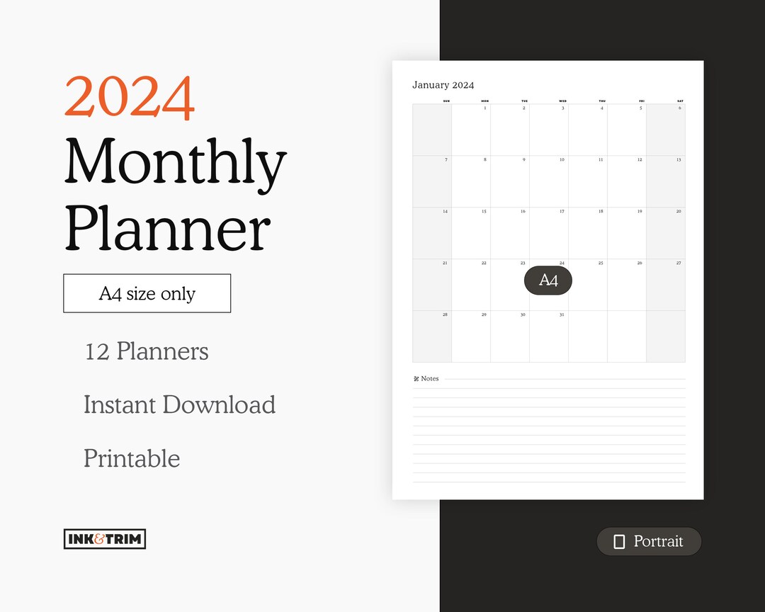 2024 Monthly Planner A4 Size Portrait, 12 Month Calendar, Instant ...