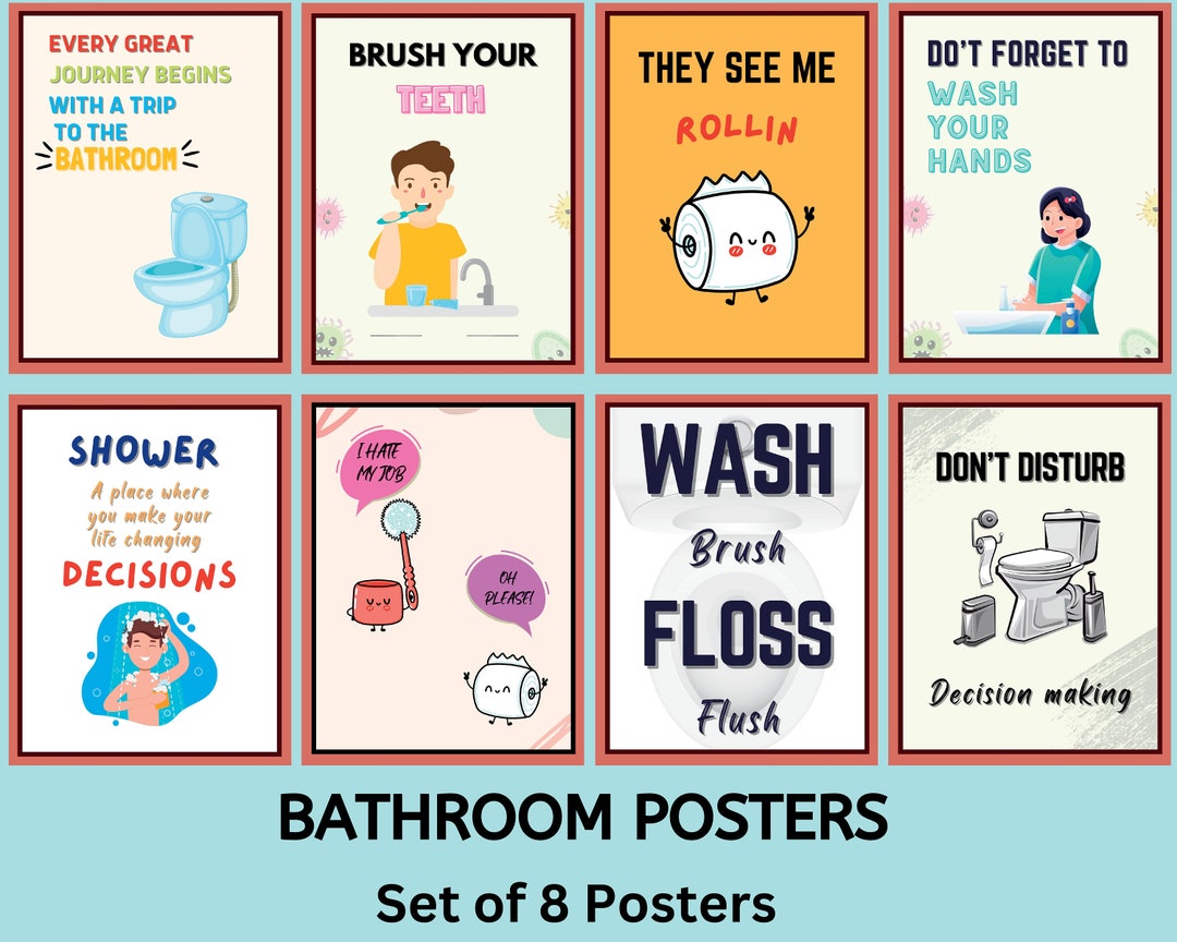 Bathroom Posters set of 8 Bathroom Hygiene Posters - Etsy