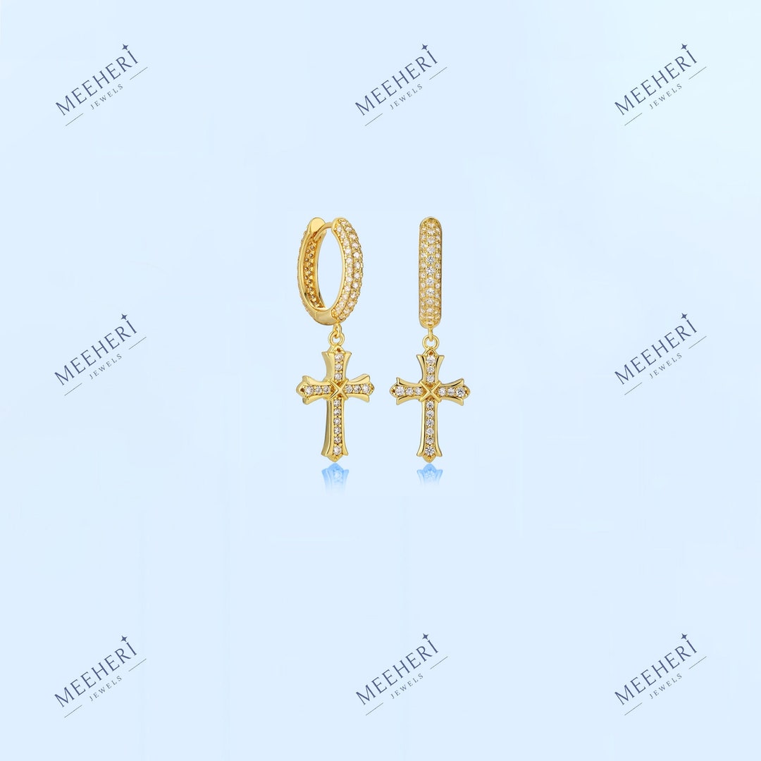 Diamond Cross Huggie Hoop Earrings, Christian Cross Dangle Drop ...