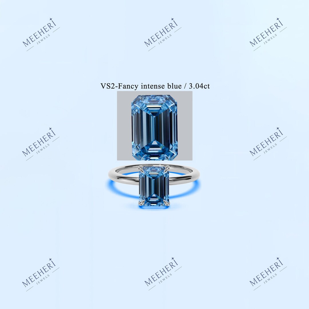 Intense Light Blue Emerald Cut Diamond Engagement Ring, Gold Ring for ...