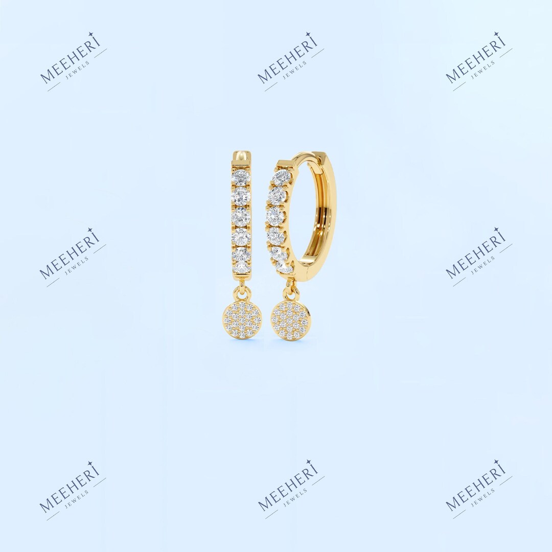 Diamond Pave Charm Huggies, Small Dangling Diamond Hoop Earrings, Cute ...