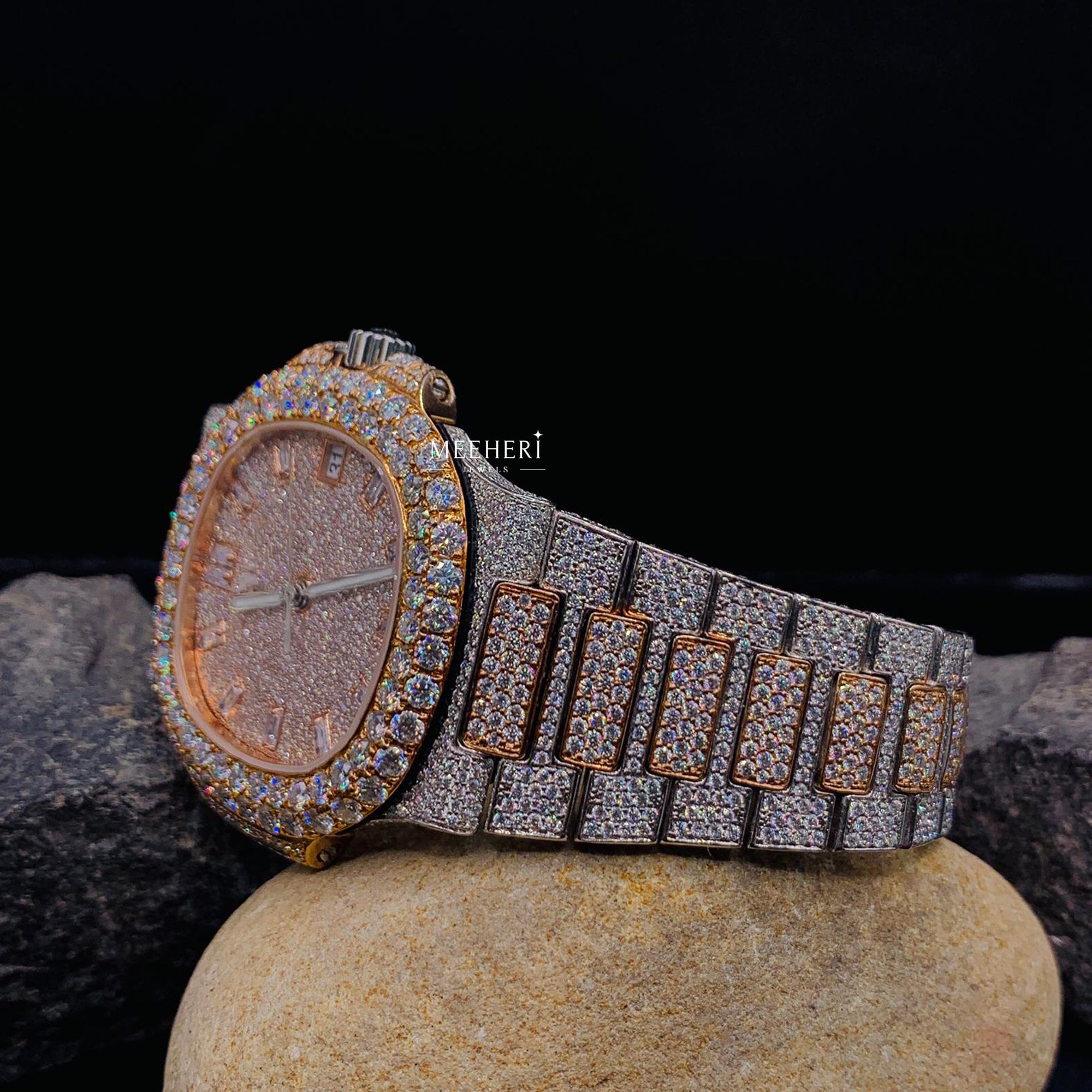 Men's Iced Bling Out Full Icy White Rose Gold Plated Hip Hop Round ...