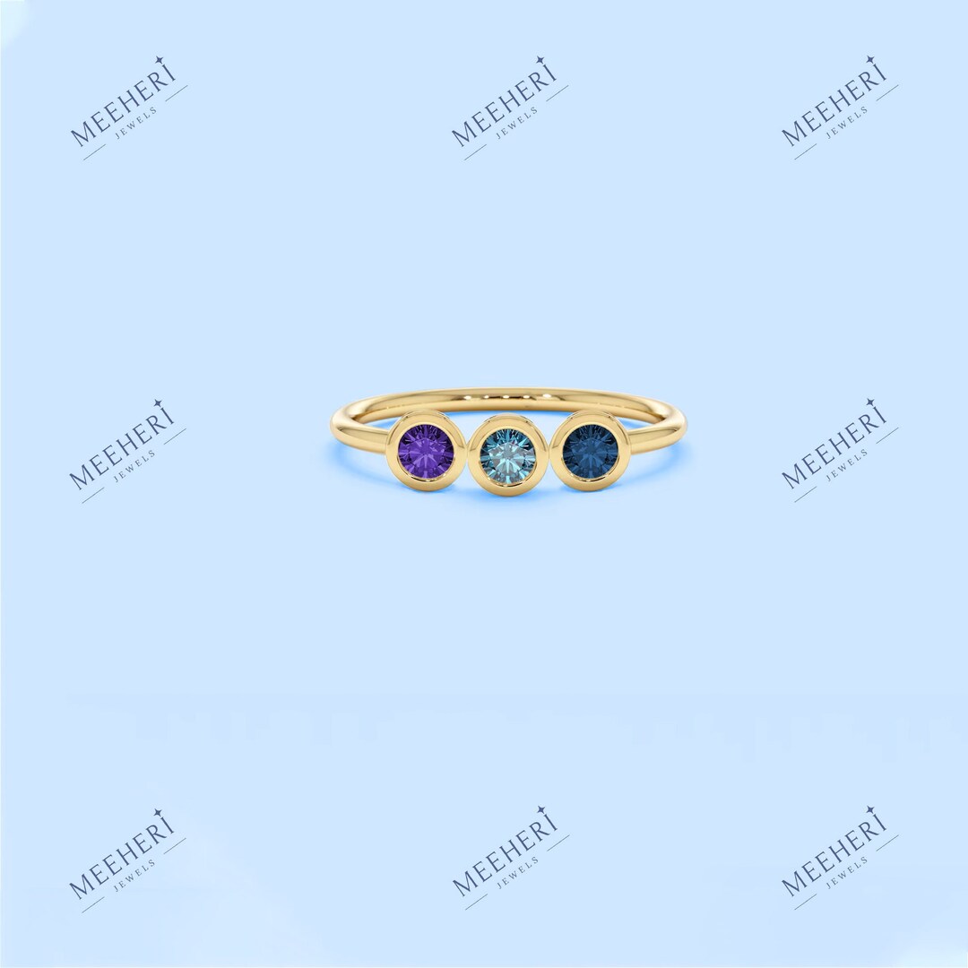 Blue Sapphire Ring, Aqua Blue Gemstone Ring, Amethyst Ring, Three Stone ...