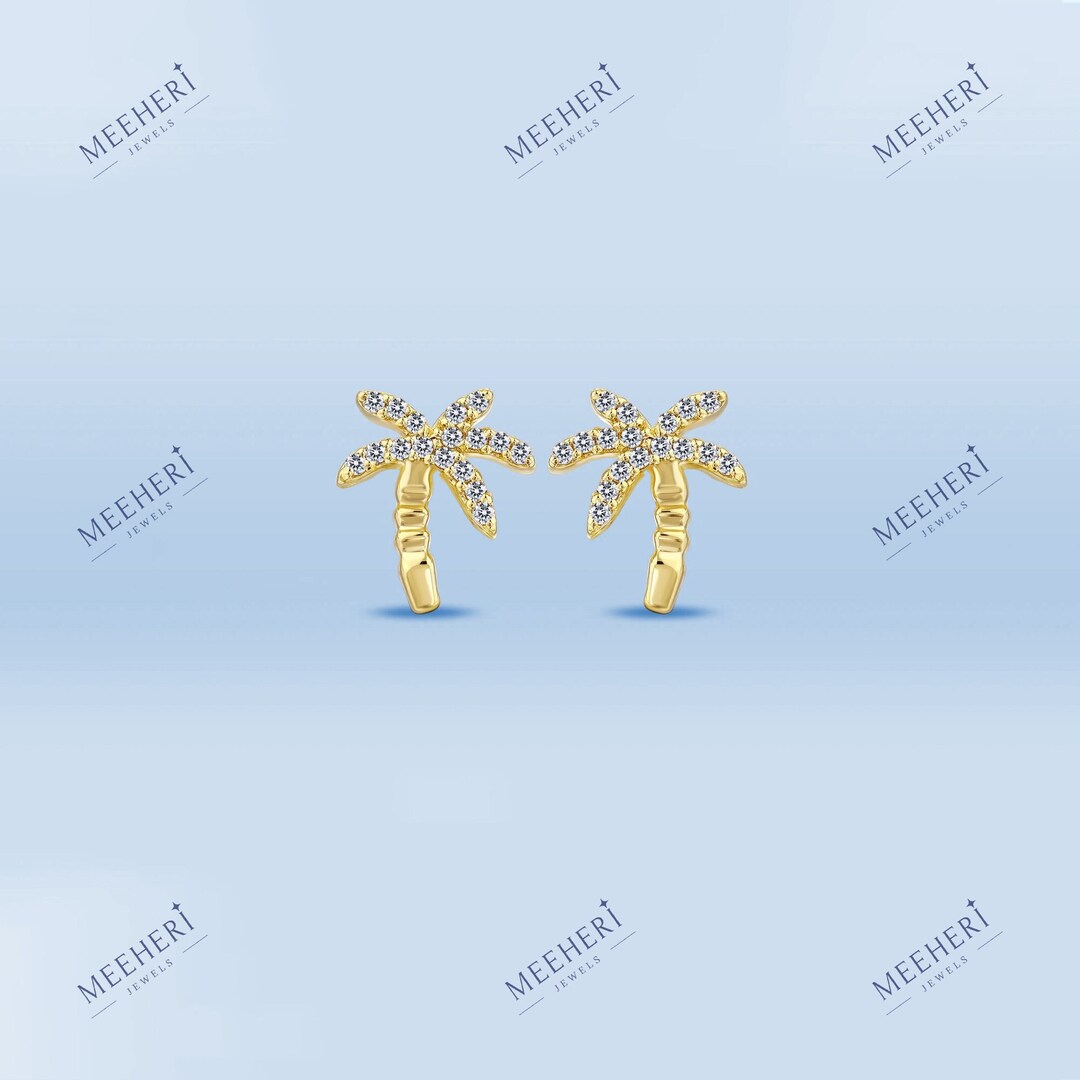 Diamond Palm Stud Earrings, Gold Palm Earrings, Hawaiian Palm Tree Gold Earrings, Palm Tree Stud ...