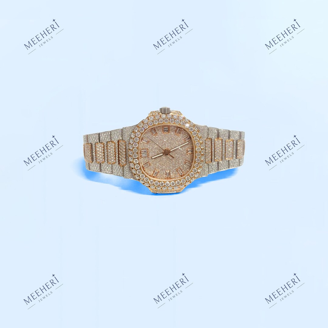 Men's Iced Bling Out Full Icy White Rose Gold Plated Hip Hop Round ...