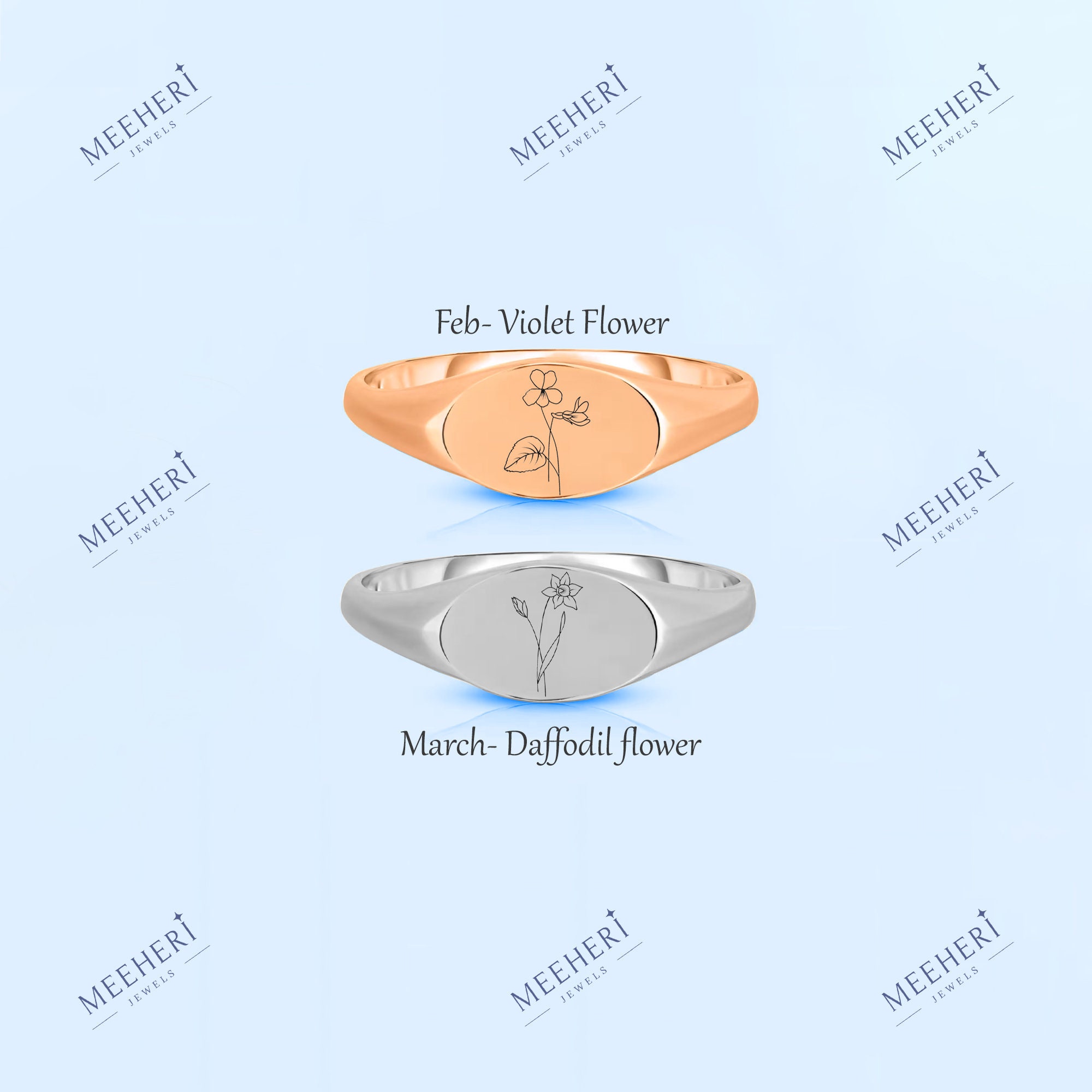 Birth Flower Signet Ring, Personalized Signet Ring, Custom Birth Month ...
