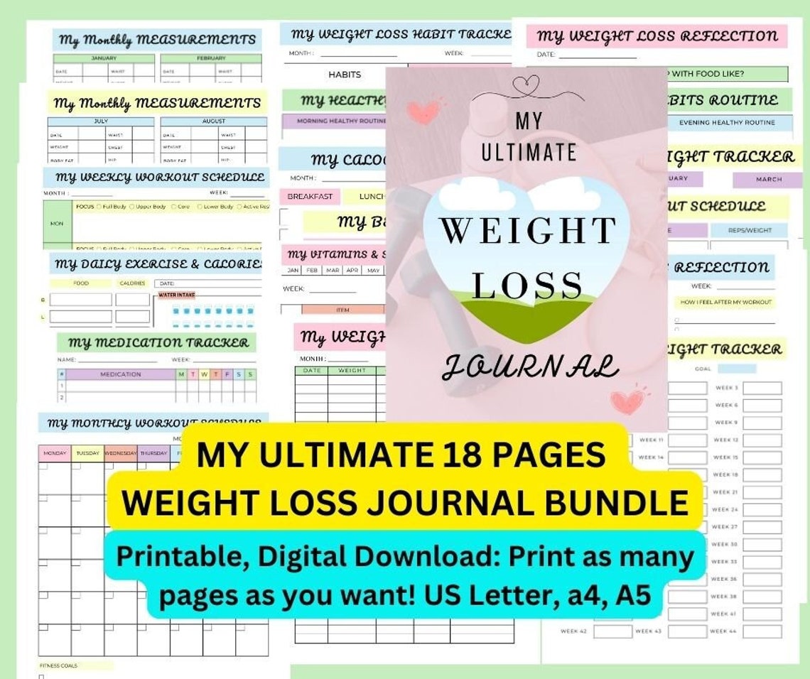 Weight Loss Journal, Weight Loss Bundle, Printable Weight Loss Tracker, Habit Tracker, Workout ...