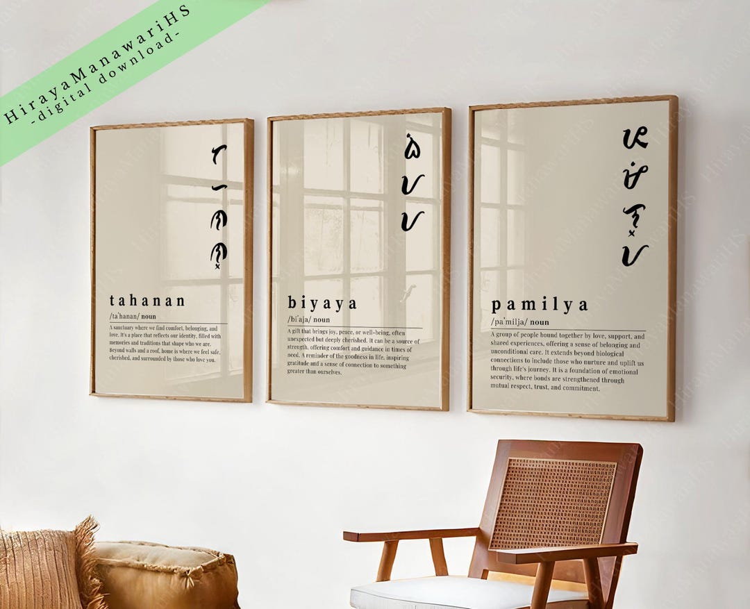 Filipino Definition Set of 3, Tahanan, Biyaya, Pamilya, Baybayin Script ...