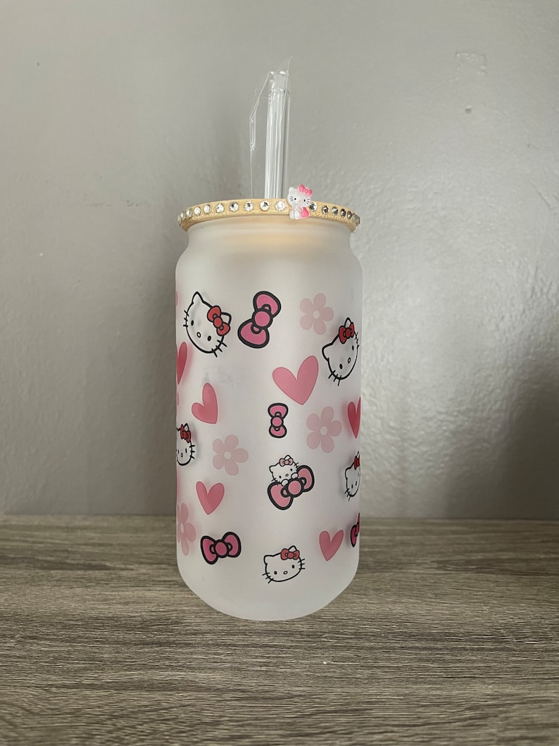 Hello Kitty Heart Frosted Glass Cup - Etsy