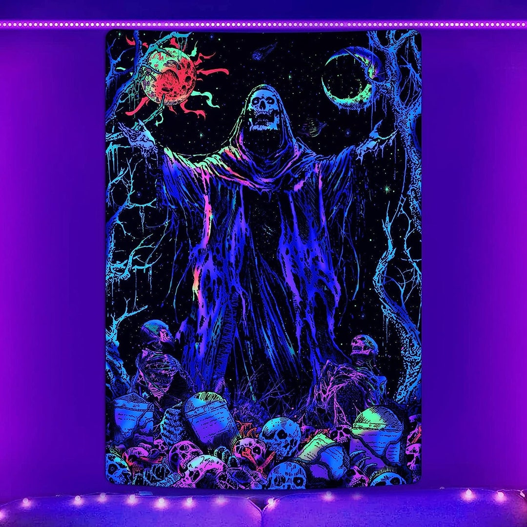 Skull Black Light Tapestry Sun Moon UV Reactive Gothic Wizard Skeleton ...