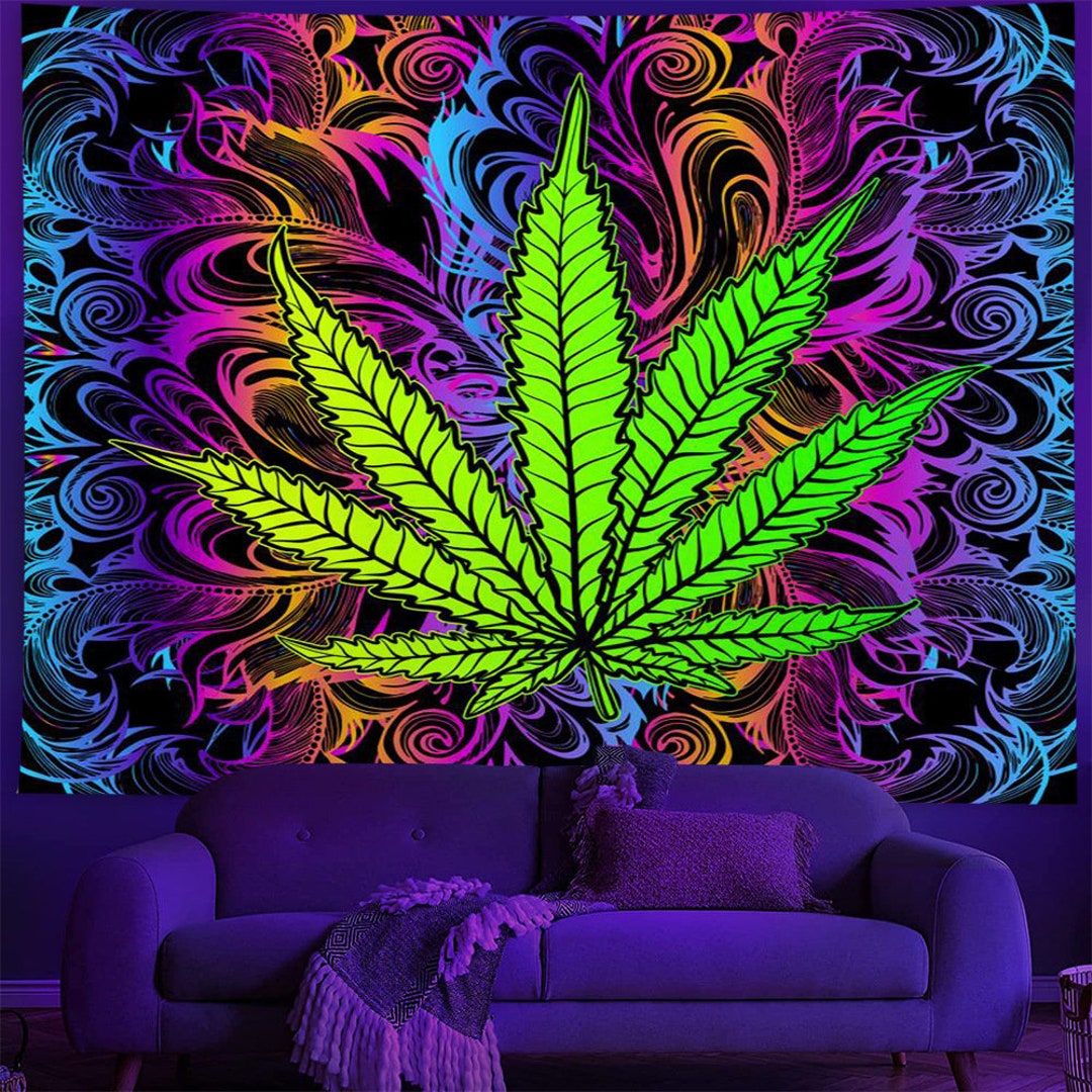 Weed Leaf Blacklight Tapestry UV Reactive Colorful Tapestries ...