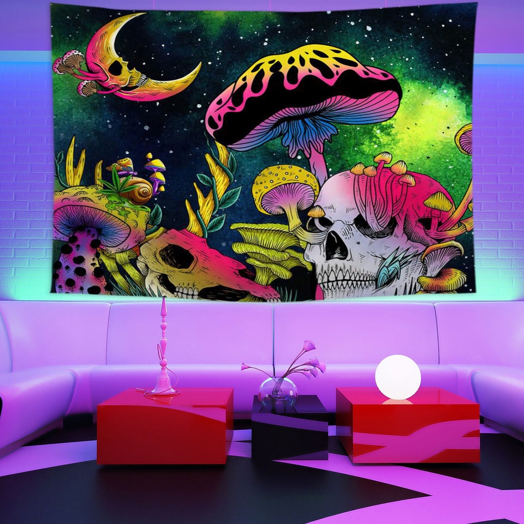 Skeleton Blacklight Tapestry UV Reactive Moon Mushroom Tapestry ...