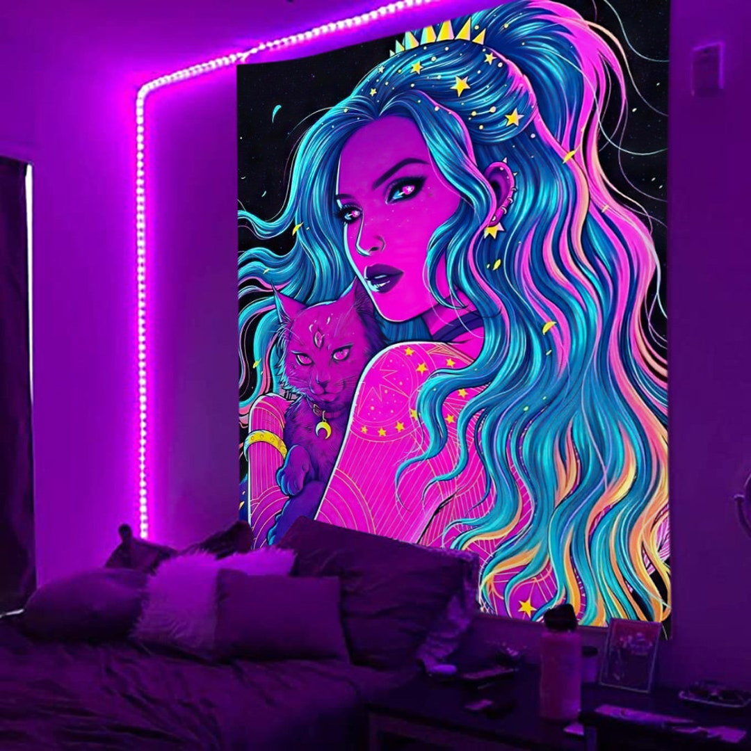 Women Cat Black Light Tapestry Hippie UV Reactive Smoke Girl ...